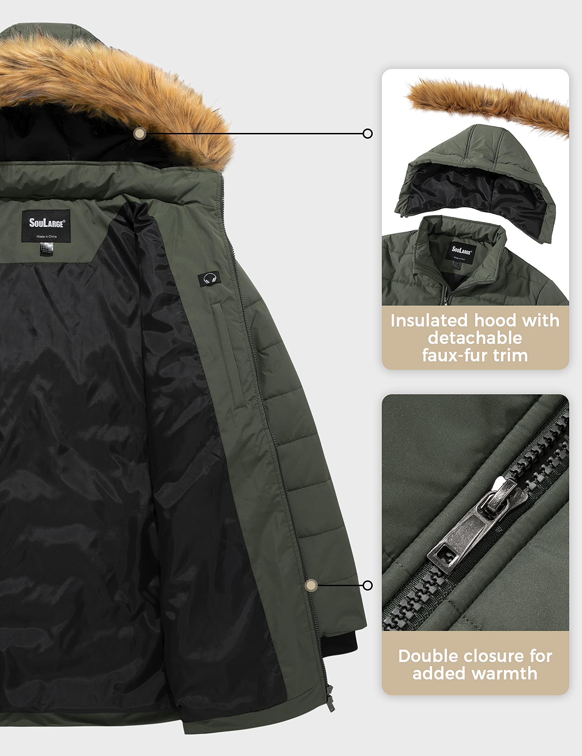 Soularge Women's Plus Size Winter Hooded Coat with Detachable (Army green, 3X)