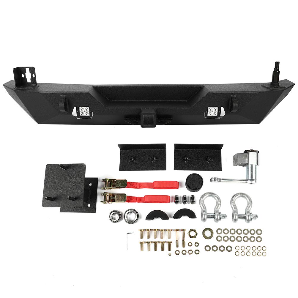 cciyu Texture Black Rear Bumper with and Tire Carrier and LED Lights Compatible for Jeep Wrangler JK 2007-2018