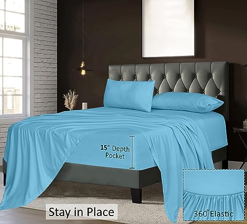 RUVANTI Full Size Sheets Set, Brushed Microfiber Sheets 4 Pieces (1 Fitted Sheet, 1 Flat Sheet, 2 Pillowcases), with 15-inch Deep Pockets, Lightweight & Compfy Premium Hotel Bedding, Sky Blue