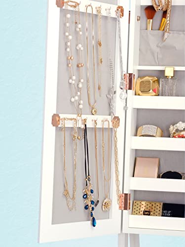 LUXFURNI Mirror Jewelry Cabinet Armoire with 3-Way Mount, Standing, Wall or Door Mounted, Jewelry Organizer with Full-Length Mirror, Lockable, Large Storage, White