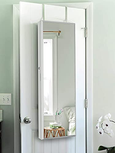 LUXFURNI Mirror Jewelry Cabinet Armoire with 3-Way Mount, Standing, Wall or Door Mounted, Jewelry Organizer with Full-Length Mirror, Lockable, Large Storage, White