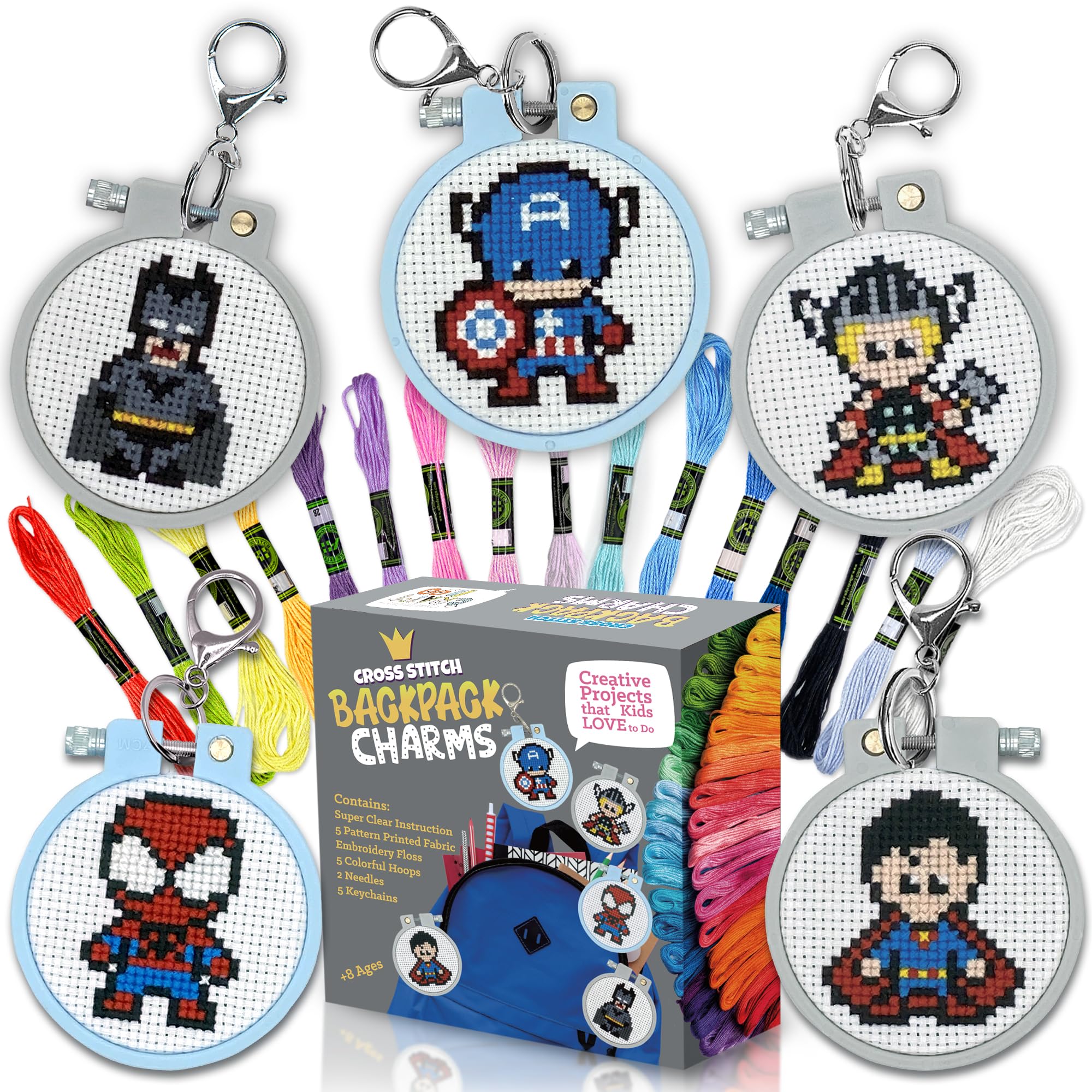 5 Stamped Superhero Cross Stitch Beginner Projects for Kids Needlepoint Starter kit Sewing Set for Backpack Charmsā¦
