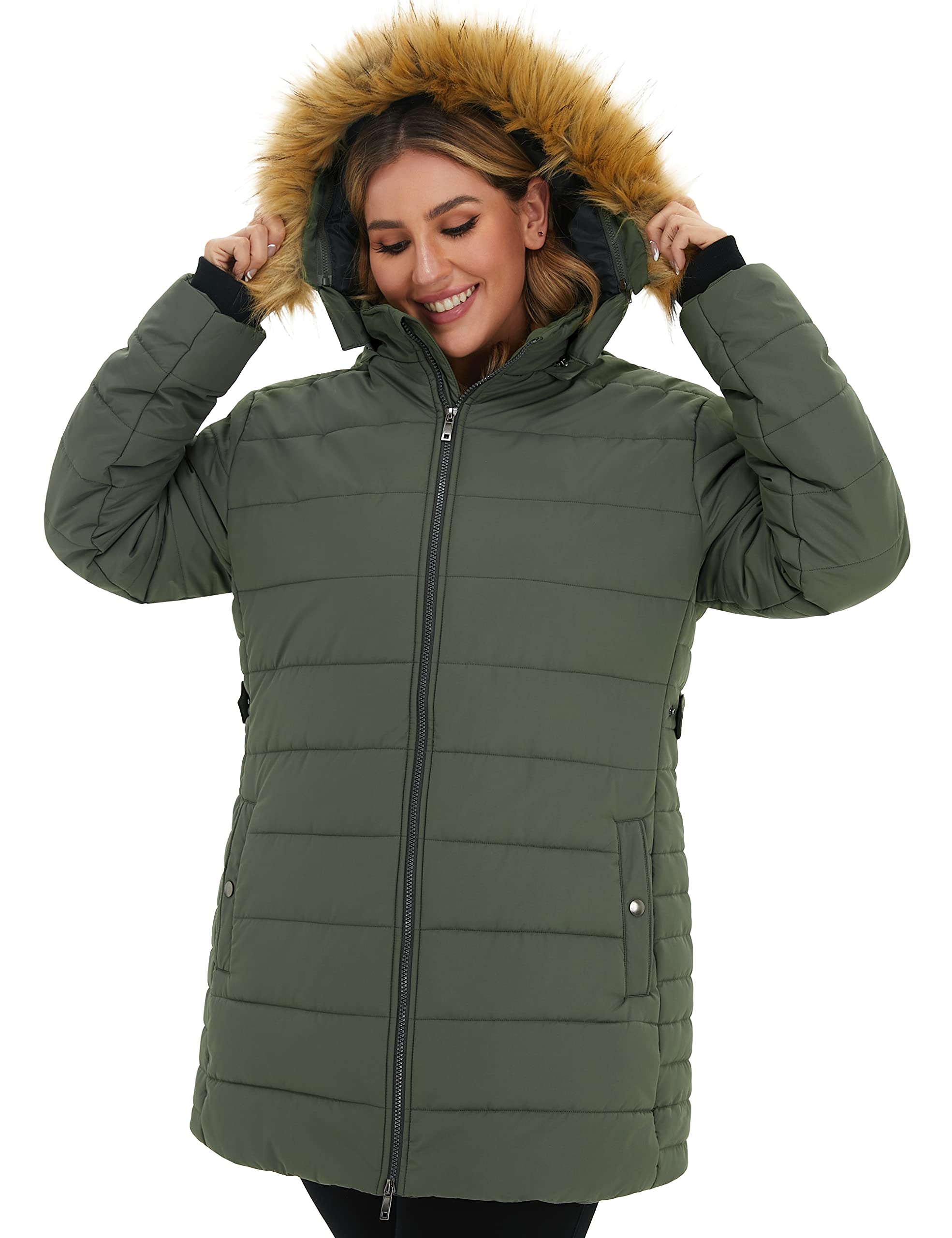 Soularge Women's Plus Size Winter Hooded Coat with Detachable (Army green, 3X)