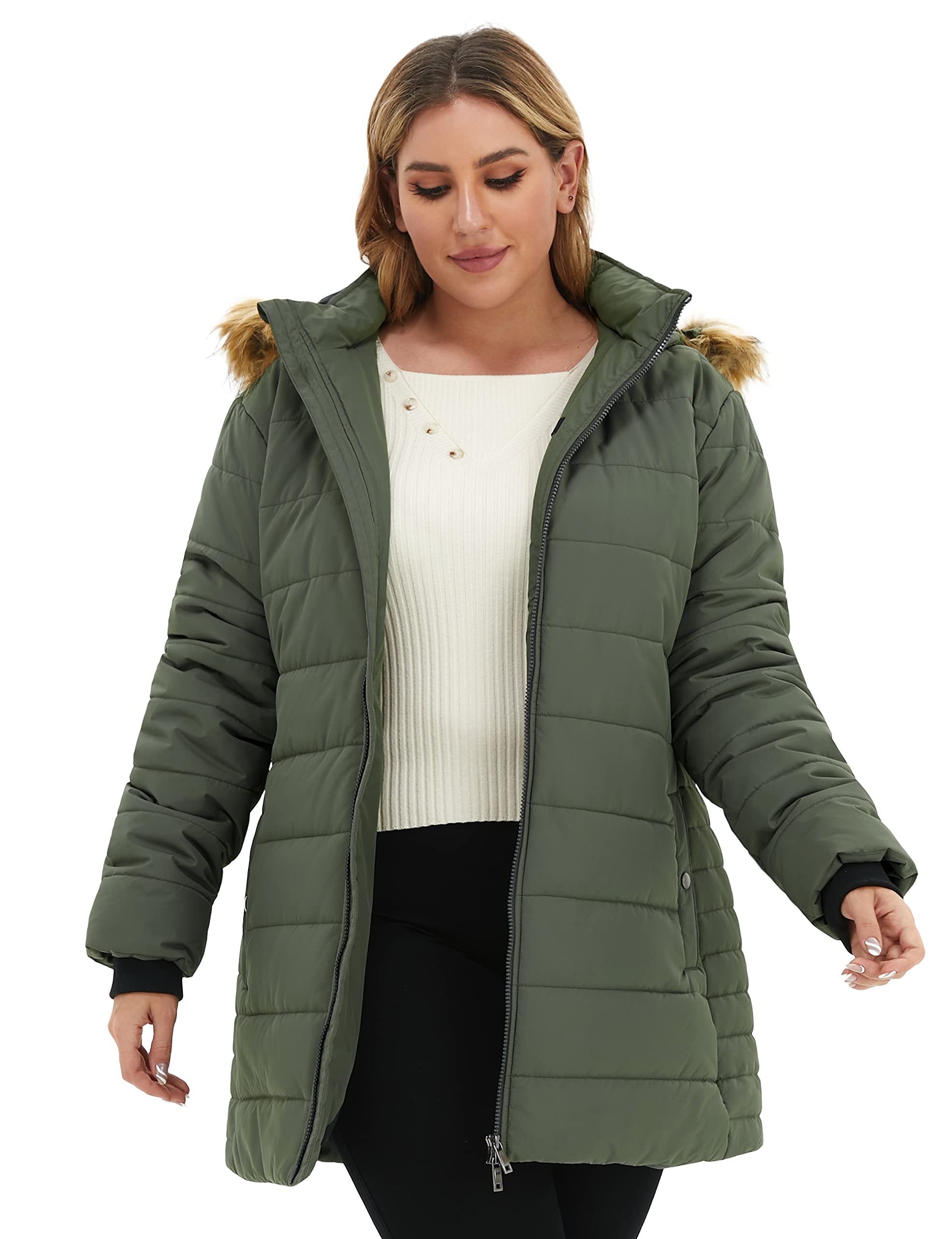 Soularge Women's Plus Size Winter Hooded Coat with Detachable (Army green, 3X)