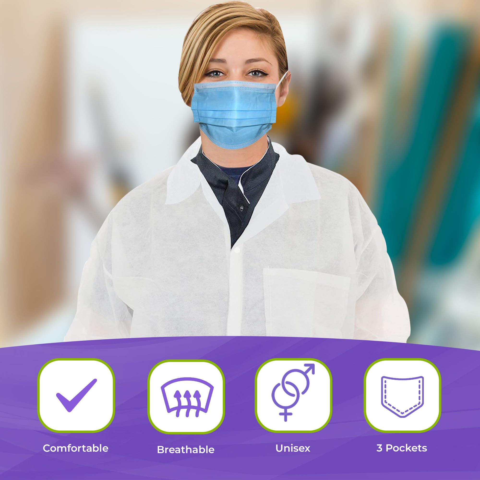 AMZ Disposable Lab Coats for Adults Medium, Spunbonded Polypropylene Medical Robes for Men and Women Pack of 10, Disposable Smocks 50 GSM, Lab Coats with Snaps, Folded Collar, Knit Wrists, 3 Pockets