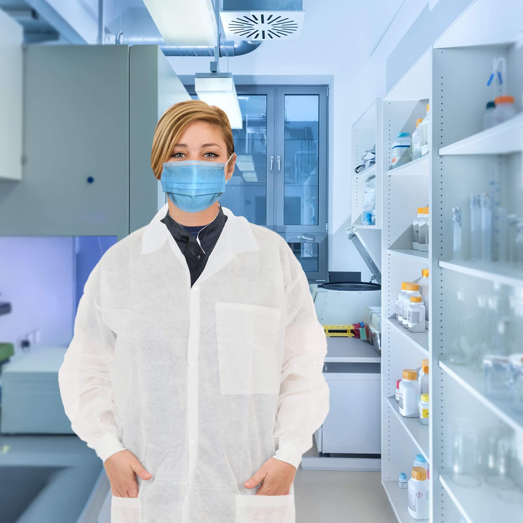 AMZ Disposable Lab Coats for Adults Medium, Spunbonded Polypropylene Medical Robes for Men and Women Pack of 10, Disposable Smocks 50 GSM, Lab Coats with Snaps, Folded Collar, Knit Wrists, 3 Pockets