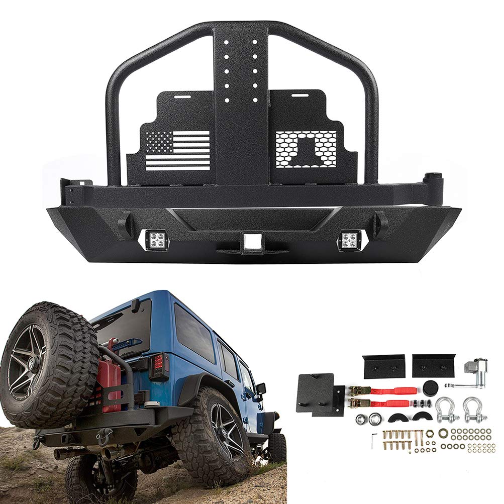 cciyu Texture Black Rear Bumper with and Tire Carrier and LED Lights Compatible for Jeep Wrangler JK 2007-2018