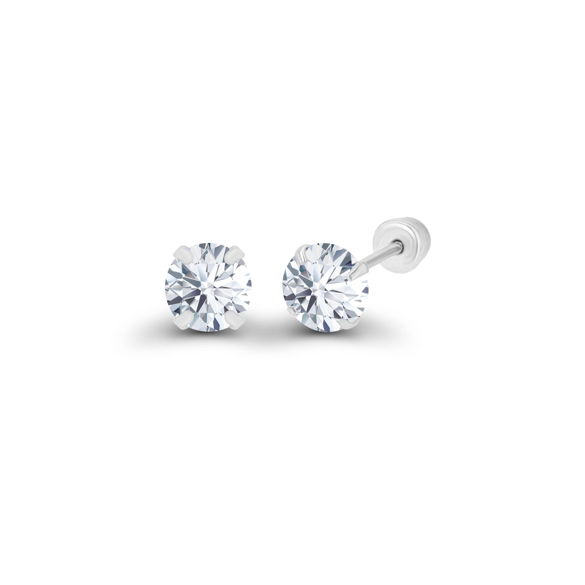 Solid 14k White Gold Hypoallergenic Round Cubic Zirconia Solitaire Stud Earrings With Secure Ball Screw Backs For Women, 3mm