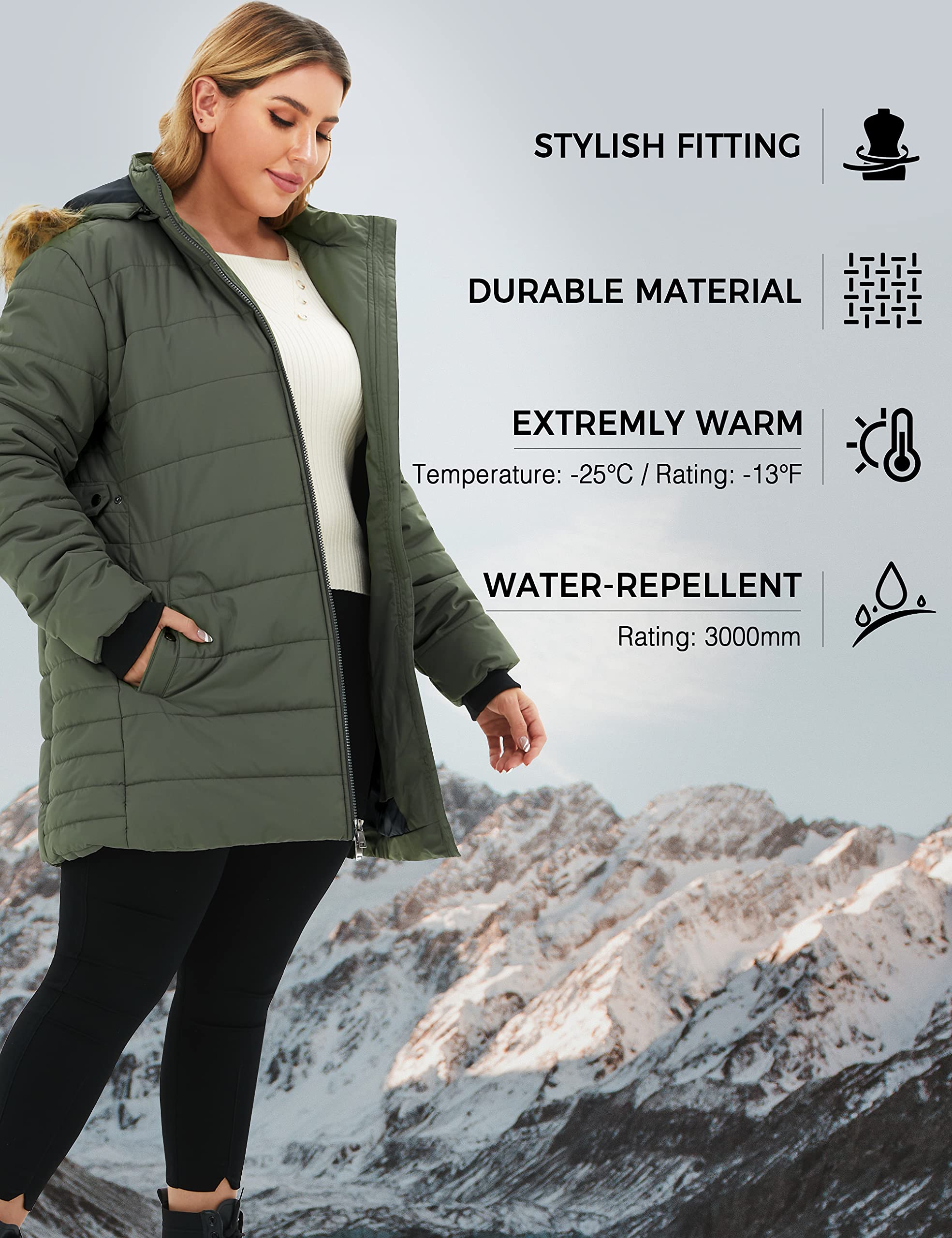 Soularge Women's Plus Size Winter Hooded Coat with Detachable (Army green, 3X)