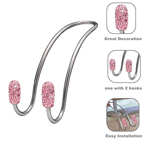 JOJOY LUX 2 Pack Seat Back Organizers, Bling Diamond Universal Car Headrest Hangers, Strong and Durable Auto Backseat Storage Hooks (Pink)
