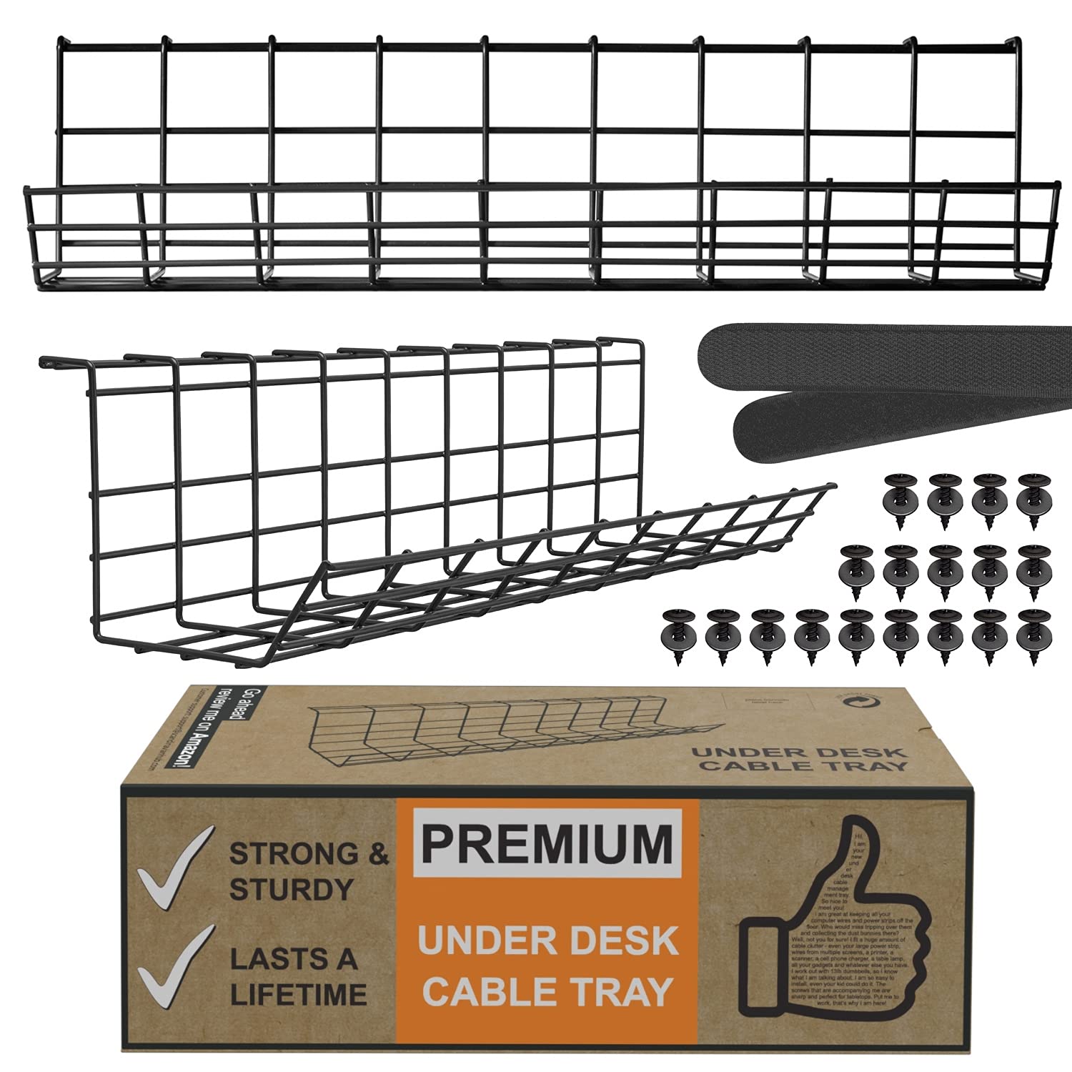 Under Desk Cable Management Tray, Cord Organizer, Wire Holder - Black Cable Tray Set of 2X 17