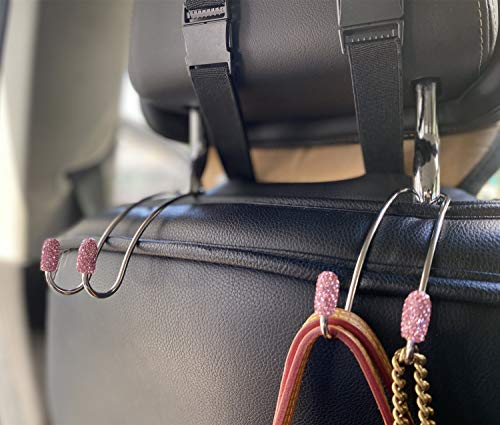 JOJOY LUX 2 Pack Seat Back Organizers, Bling Diamond Universal Car Headrest Hangers, Strong and Durable Auto Backseat Storage Hooks (Pink)
