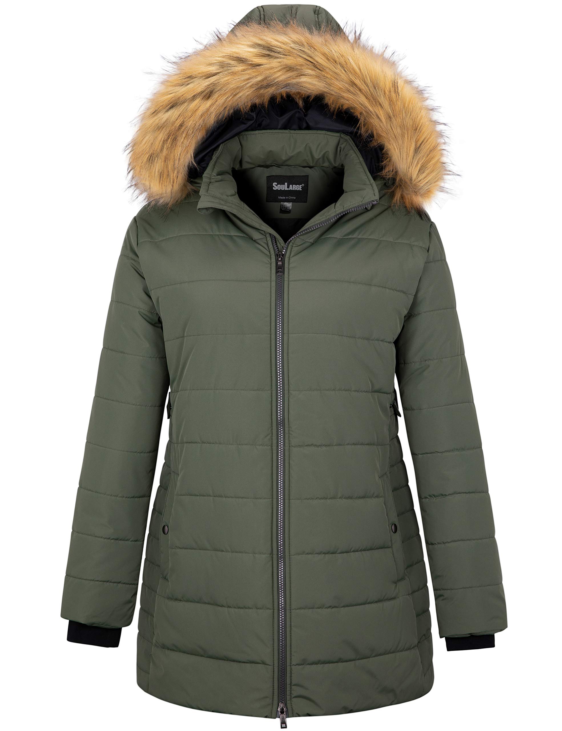 Soularge Women's Plus Size Winter Hooded Coat with Detachable (Army green, 3X)