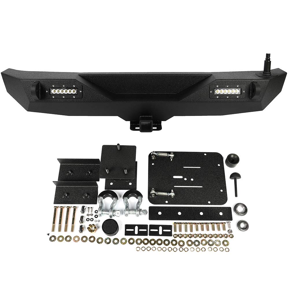 cciyu Texture Black Rear Bumper with and Tire Carrier and LED Lights, 2" hitch receiver Compatible for Jeep Wrangler JK 2007-2018
