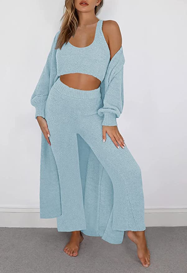 Fixmatti Women Lounge Set 3 Piece Fuzzy Fleece Crop Tops and Pants Open Front Cardigan Pajama Set Light Blue XL