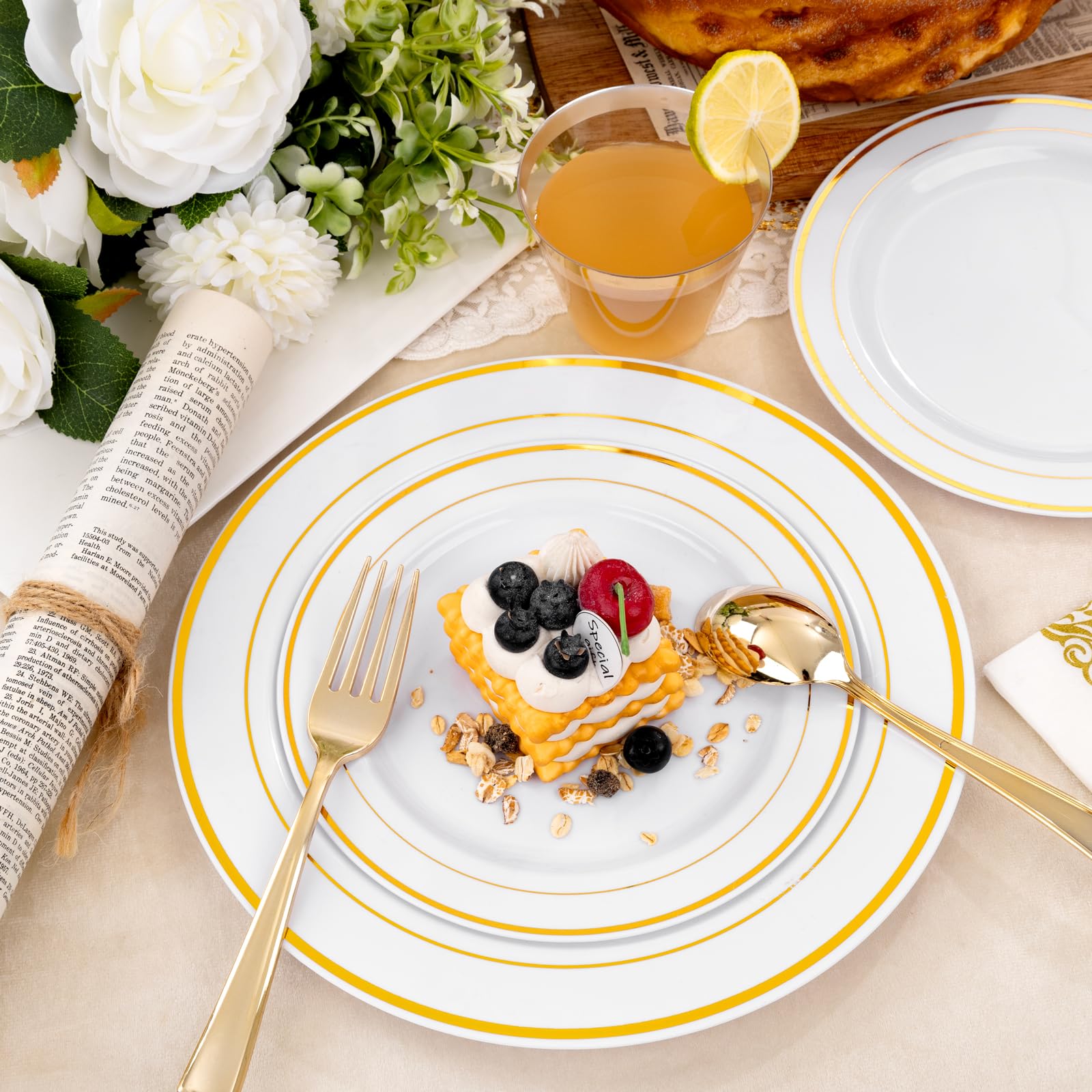bUCLA 350PCS Gold Plastic Dinnerware Set - Gold Plastic Plates Disposable for 50 Guests Include 50 Dinner Plates,50 Dessert Plates,50 Forks,50 Knives,50 Spoons,50 Cups&50 Napkins for Party