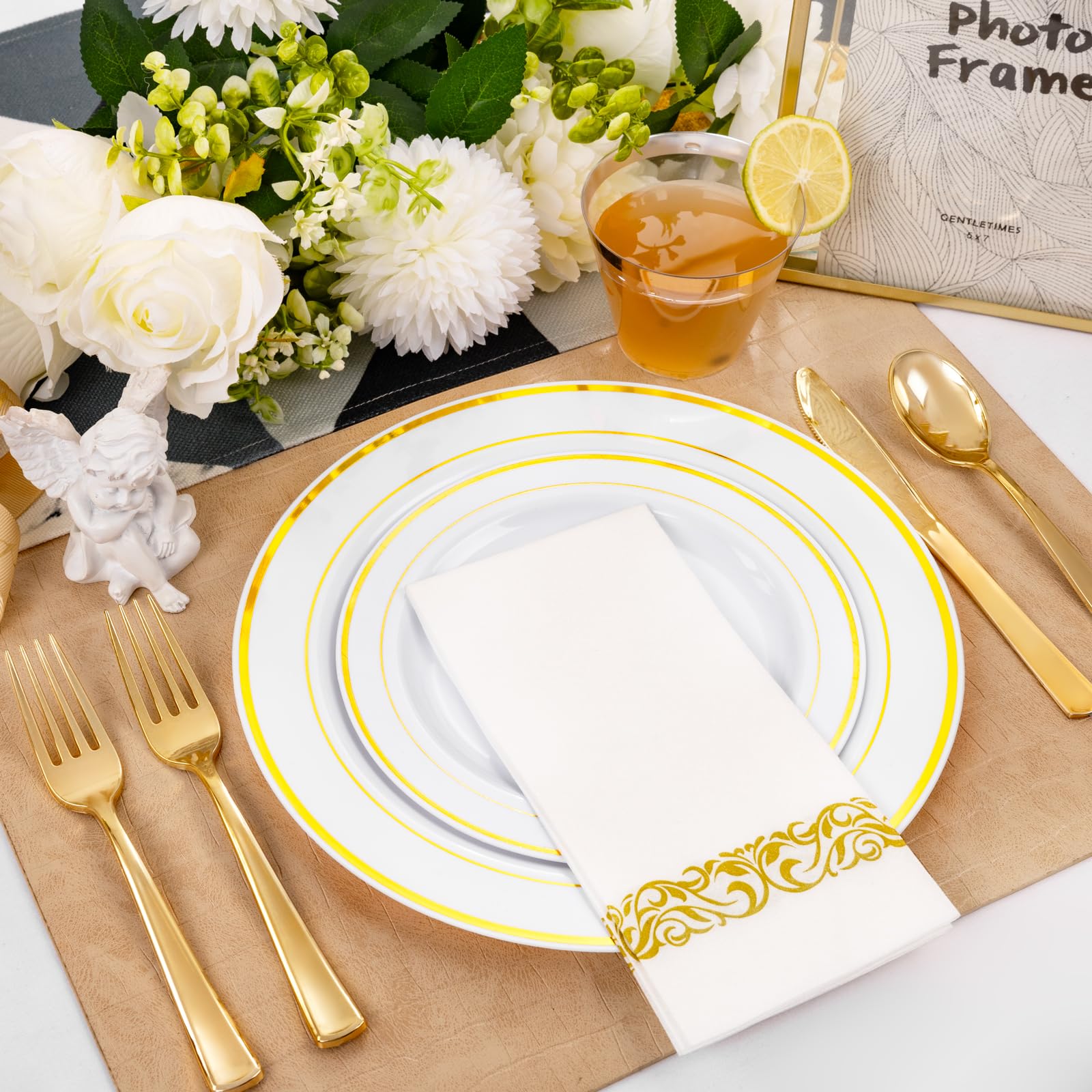 bUCLA 350PCS Gold Plastic Dinnerware Set - Gold Plastic Plates Disposable for 50 Guests Include 50 Dinner Plates,50 Dessert Plates,50 Forks,50 Knives,50 Spoons,50 Cups&50 Napkins for Party