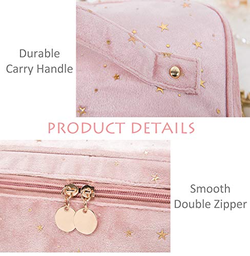 HOYOFO Velvet Makeup Bag with Handle Cosmetic Bags with Makeup Brush Holder Travel Make up Bag for Women, A Blue
