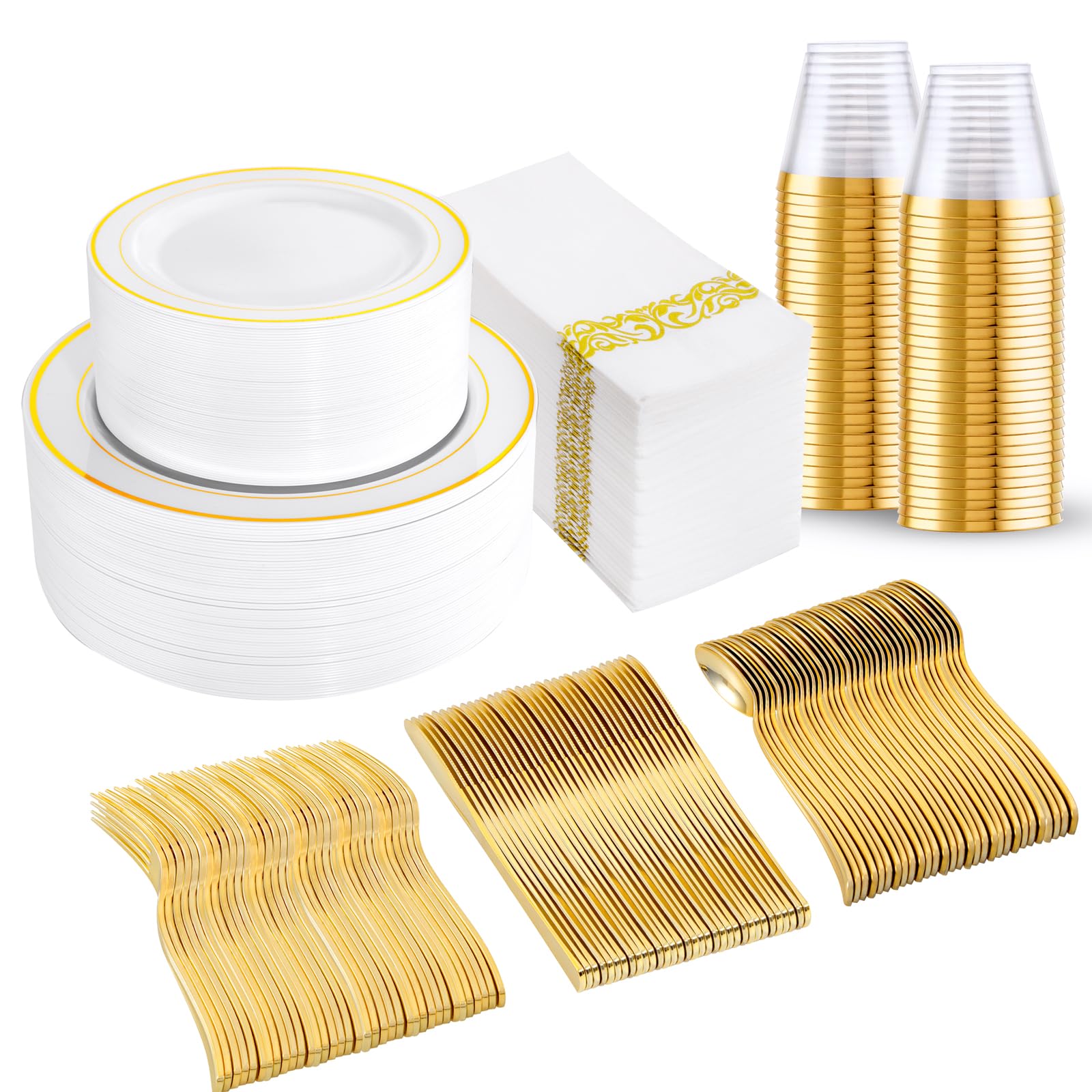 bUCLA 350PCS Gold Plastic Dinnerware Set - Gold Plastic Plates Disposable for 50 Guests Include 50 Dinner Plates,50 Dessert Plates,50 Forks,50 Knives,50 Spoons,50 Cups&50 Napkins for Party