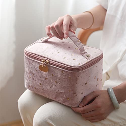 HOYOFO Velvet Makeup Bag with Handle Cosmetic Bags with Makeup Brush Holder Travel Make up Bag for Women, A Blue