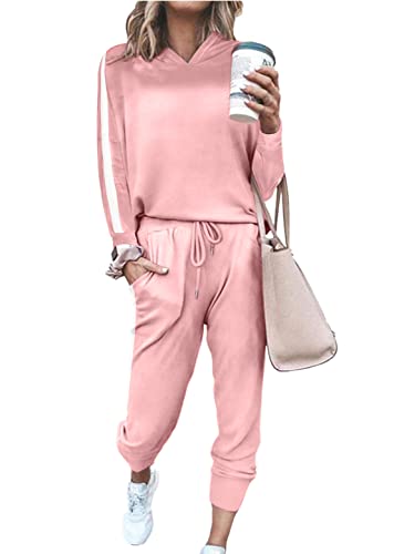 HOTOUCH Sweatsuits Set Womens 2 Piece Sweatshirt & Sweatpants Velour Hoodie Tracksuits Sportswear with Pocket,Stripe Pink, XL