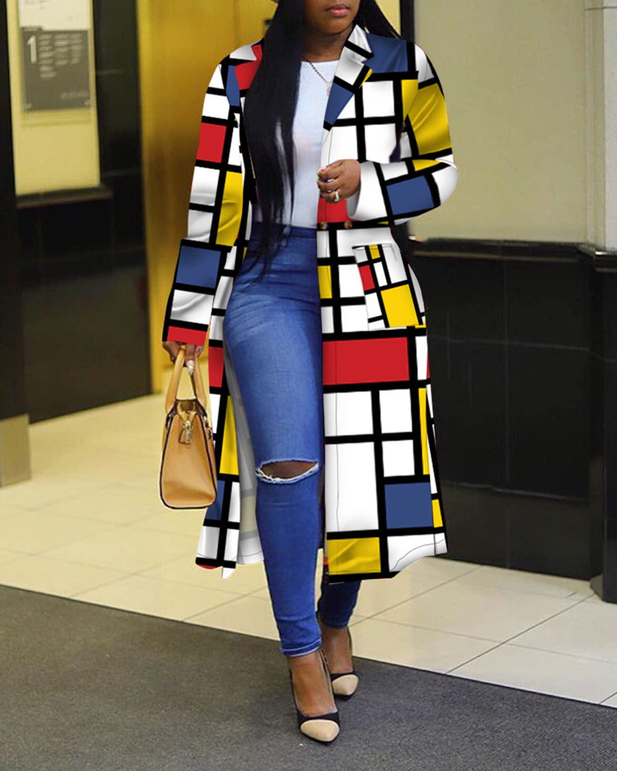 Women's Colored Geo Turn Down Collar Trench Coat Colorful Outerwear Cardigan Long Blazer Jacket(YE-5XL) Yellow