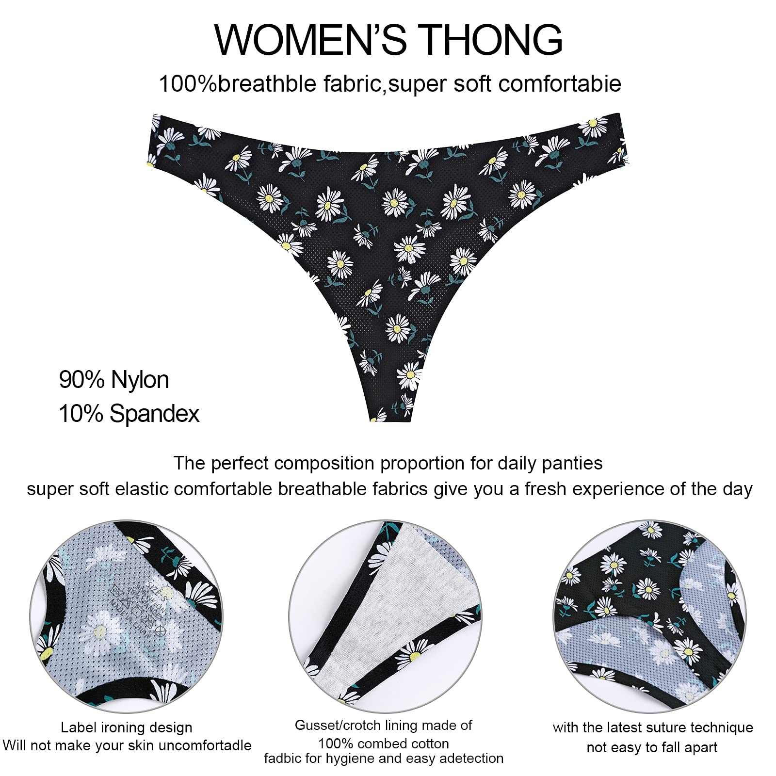 QOVOQ Thong underwear for women,No Show Breathable Cotton Womens Thongs Underwear Seamless Thongs for Women (Multicoloured E-10pack, Medium)
