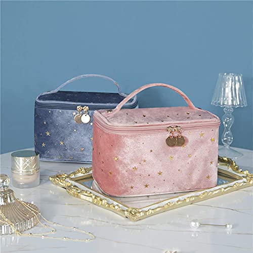 HOYOFO Velvet Makeup Bag with Handle Cosmetic Bags with Makeup Brush Holder Travel Make up Bag for Women, A Blue