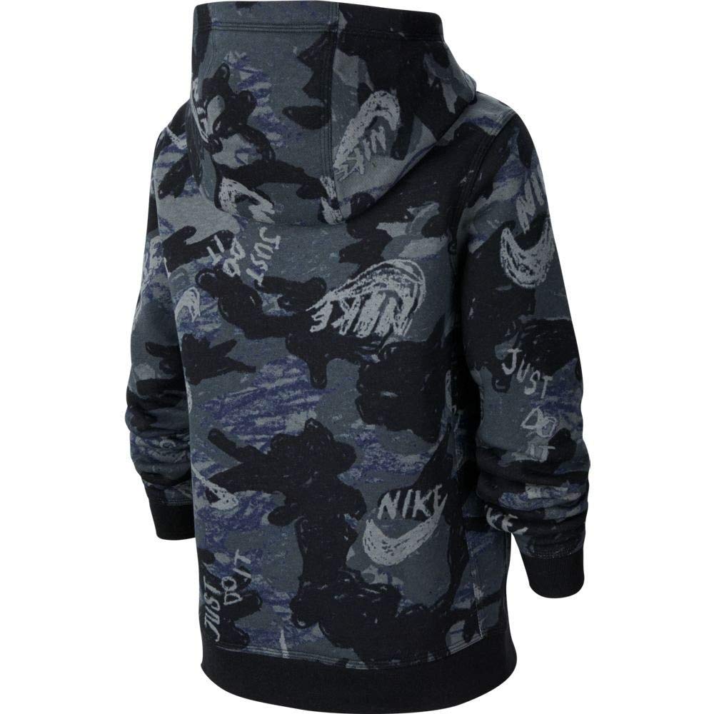 Nike Sportswear Youth Boys Junior Club Camo Hoodie Black/Light Smoke Gray CU8927 010 (Large)