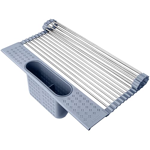 NiHome Roll Up Dish Drying Rack with Utensil Holder Over The Sink Dish Drying Rack Detachable Stainless Steel Dish Drainer,17.7" x14.7" Wide