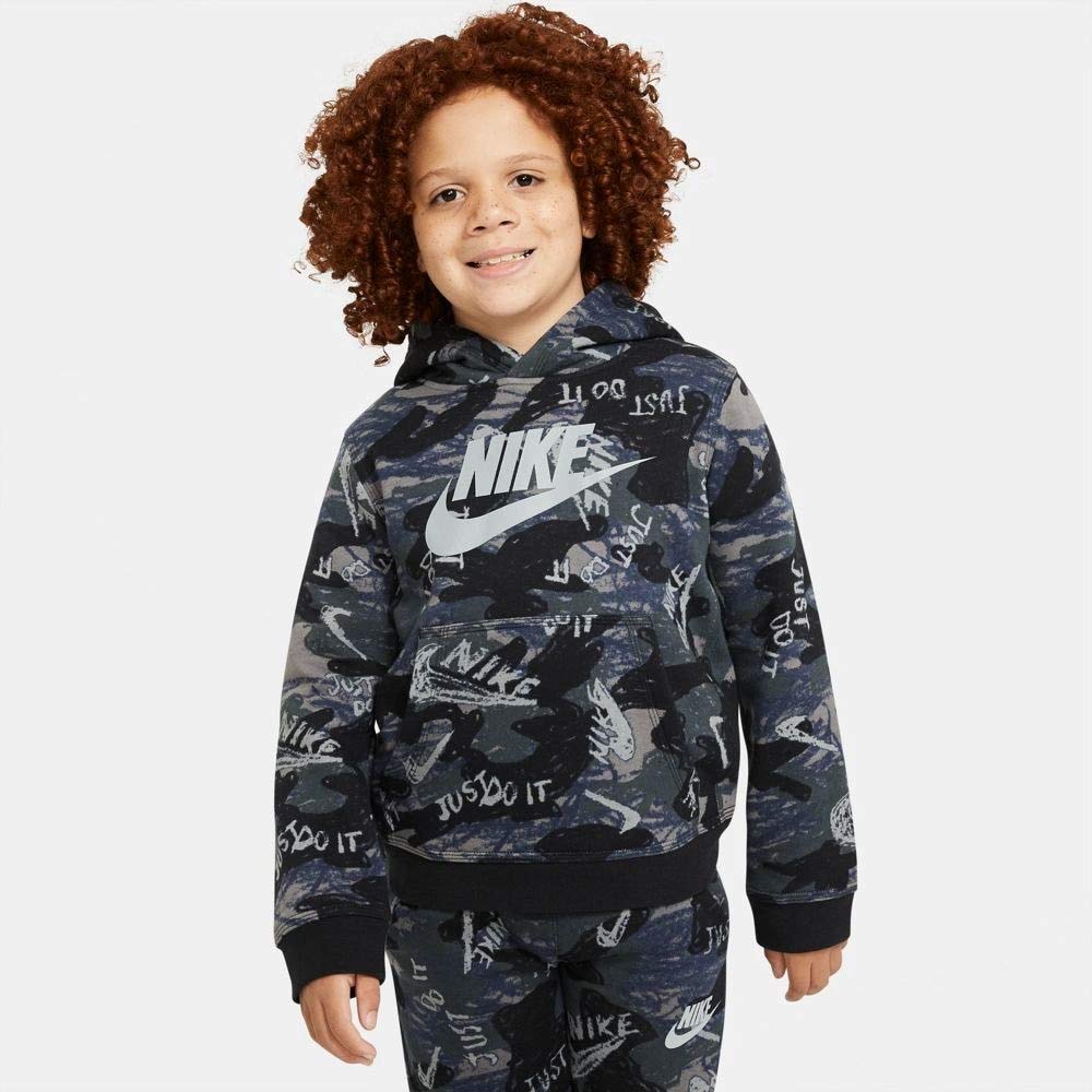 Nike Sportswear Youth Boys Junior Club Camo Hoodie Black/Light Smoke Gray CU8927 010 (Large)