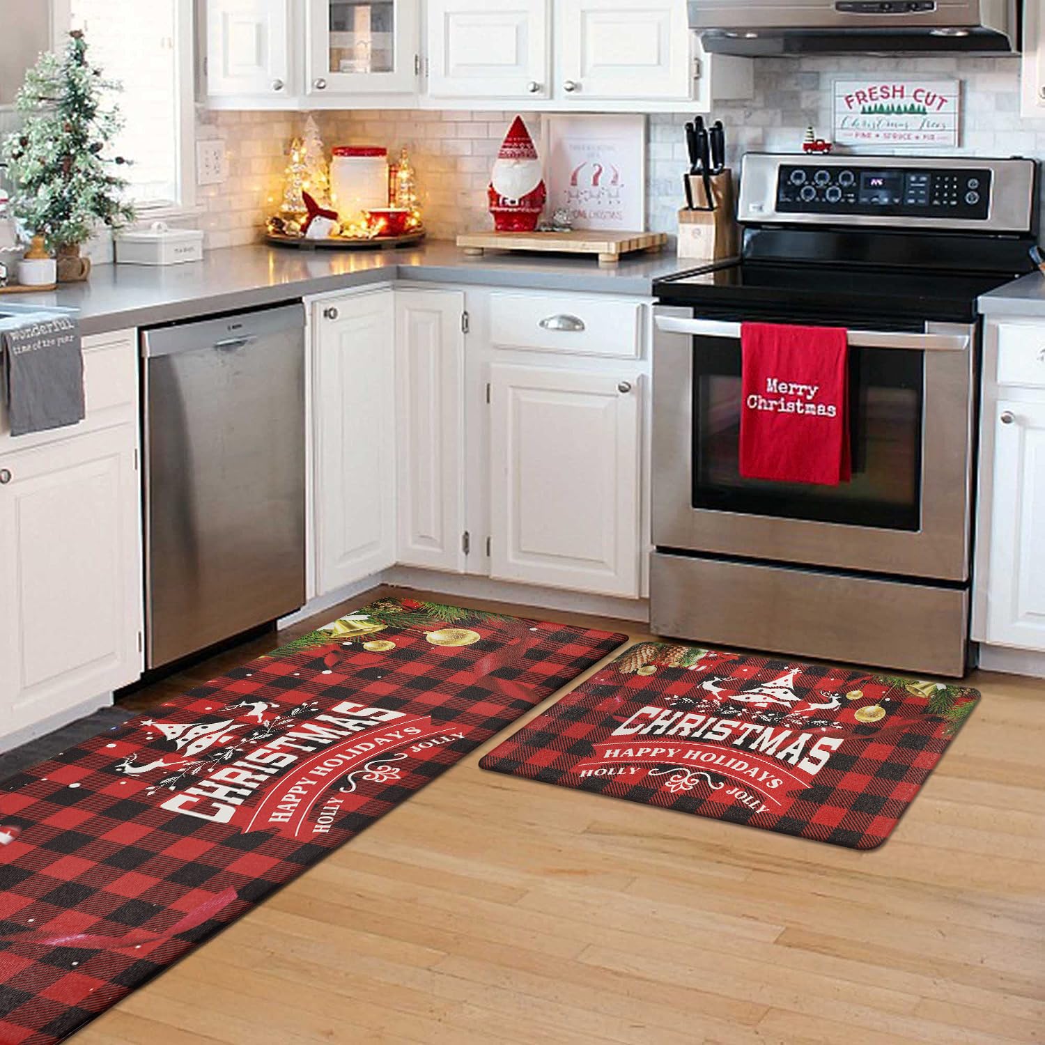 Cekene Anti Fatigue Kitchen Mat Set of 2 Christmas Memory Foam Thick Cushioned Rugs for Kitchen Non-Slip Standing Mat 17"×28" and 17"×47" Waterproof Wipeable