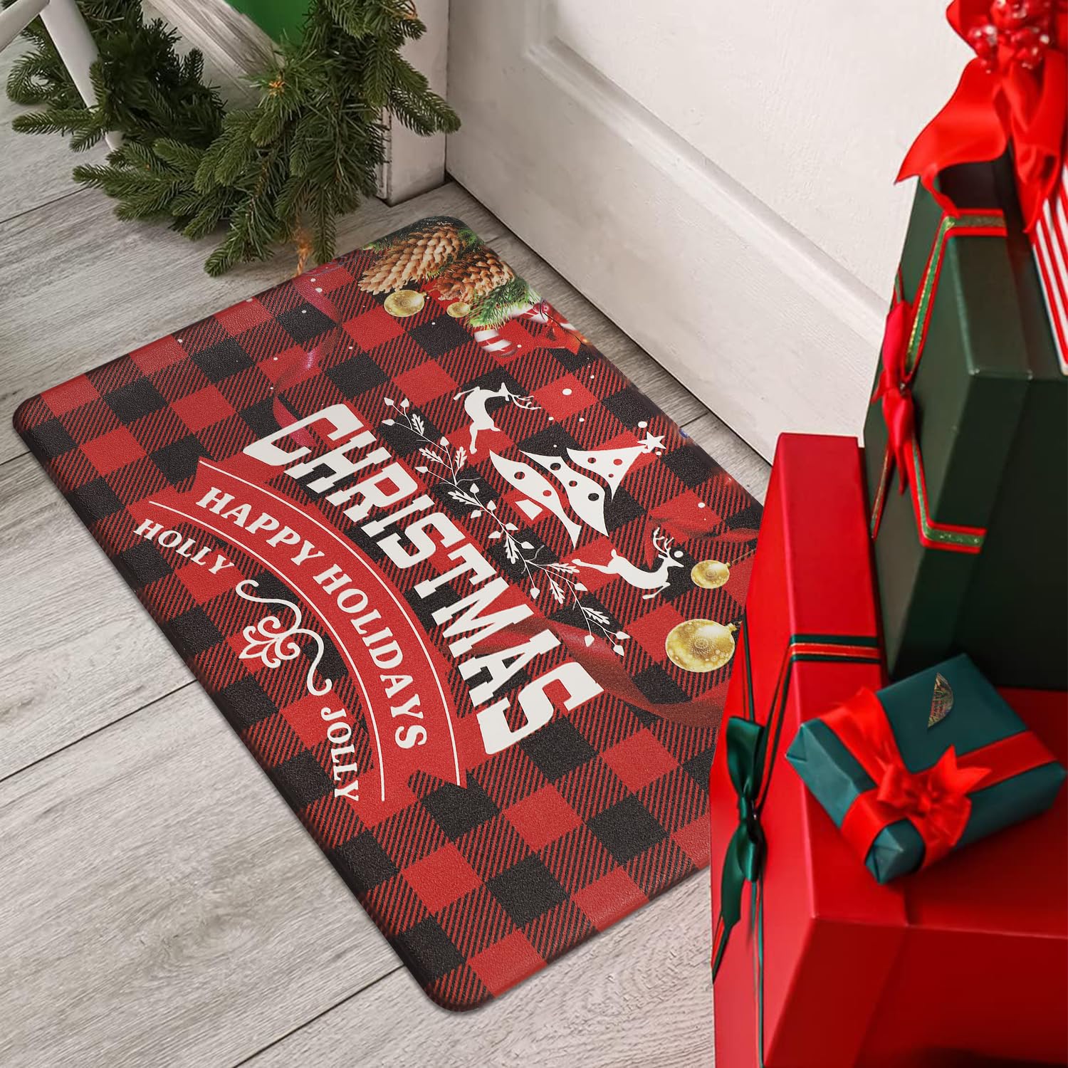 Cekene Anti Fatigue Kitchen Mat Set of 2 Christmas Memory Foam Thick Cushioned Rugs for Kitchen Non-Slip Standing Mat 17"×28" and 17"×47" Waterproof Wipeable