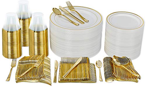 600 Piece Gold Dinnerware Party Set (100 Guest), 100 Dinner Plastic Plates, 100 Salad Gold Plates, 100 Gold Plastic Silverware Set, 100 Gold Plastic Cups Disposable Party Pack Wedding Birthday Parties