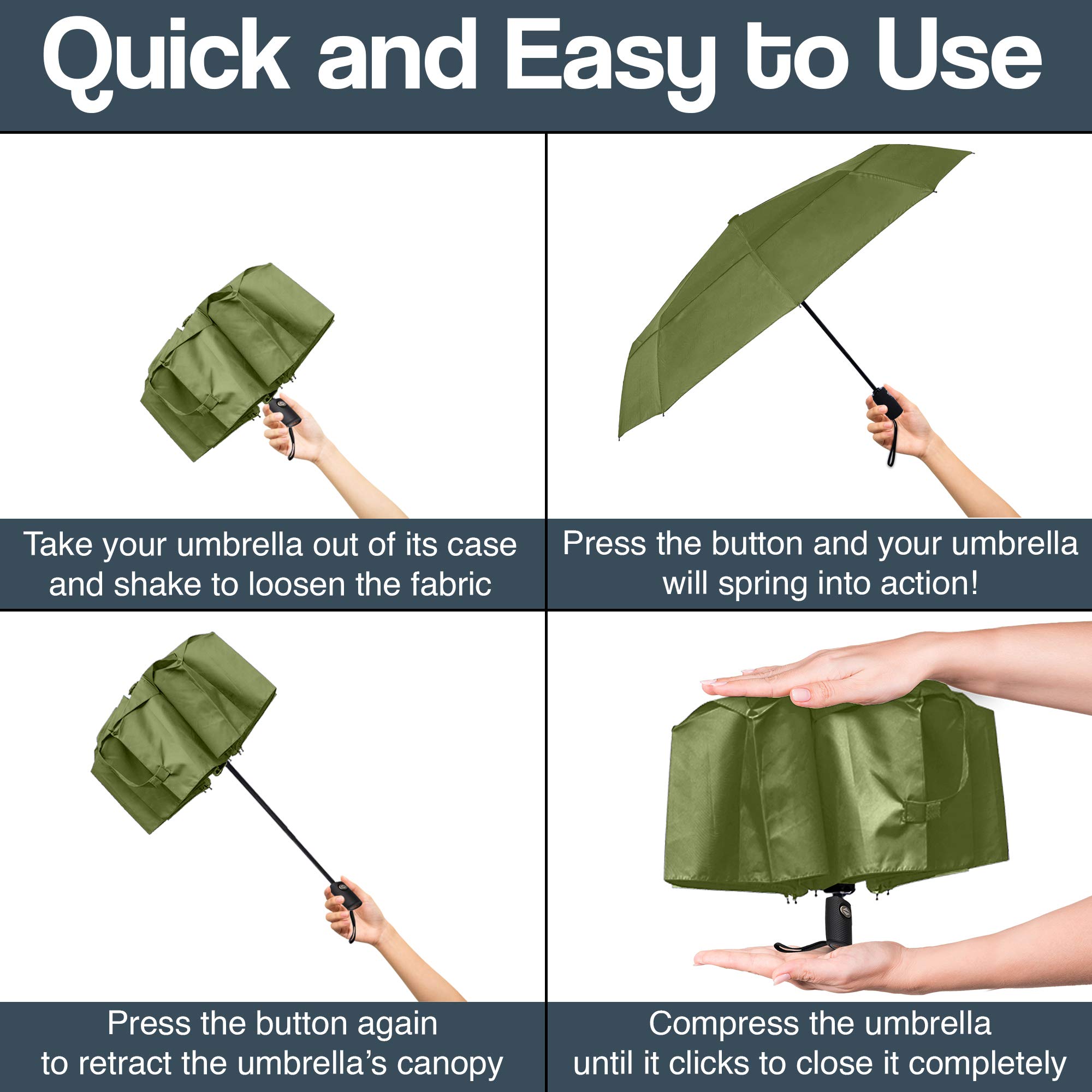 RainPlus Windproof Travel Umbrella - Compact, Automatic, Folding and Portable - Umbrellas For Rain for Men and Women - Car, Backpack, Purse, Strong & Wind Resistant (Green)
