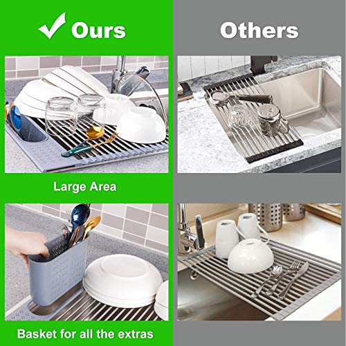 NiHome Roll Up Dish Drying Rack with Utensil Holder Over The Sink Dish Drying Rack Detachable Stainless Steel Dish Drainer,17.7" x14.7" Wide