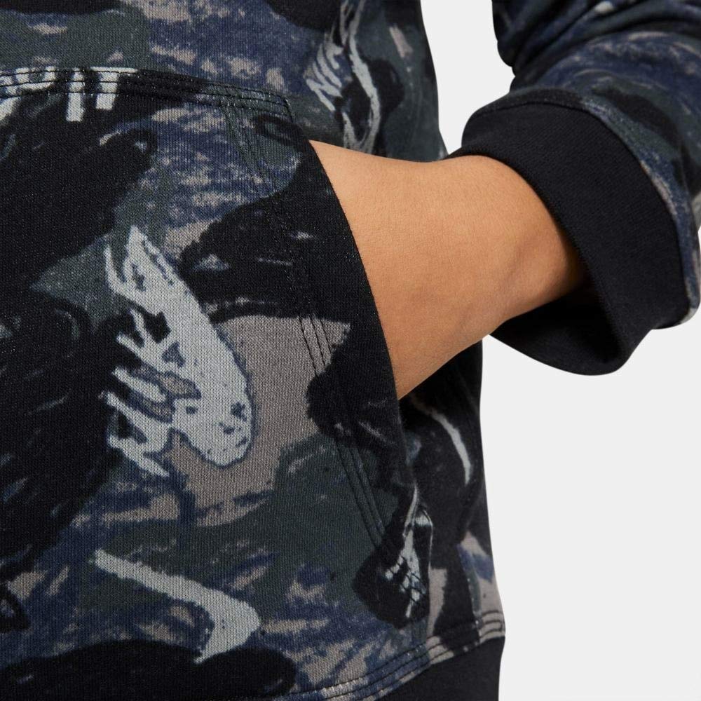 Nike Sportswear Youth Boys Junior Club Camo Hoodie Black/Light Smoke Gray CU8927 010 (Large)