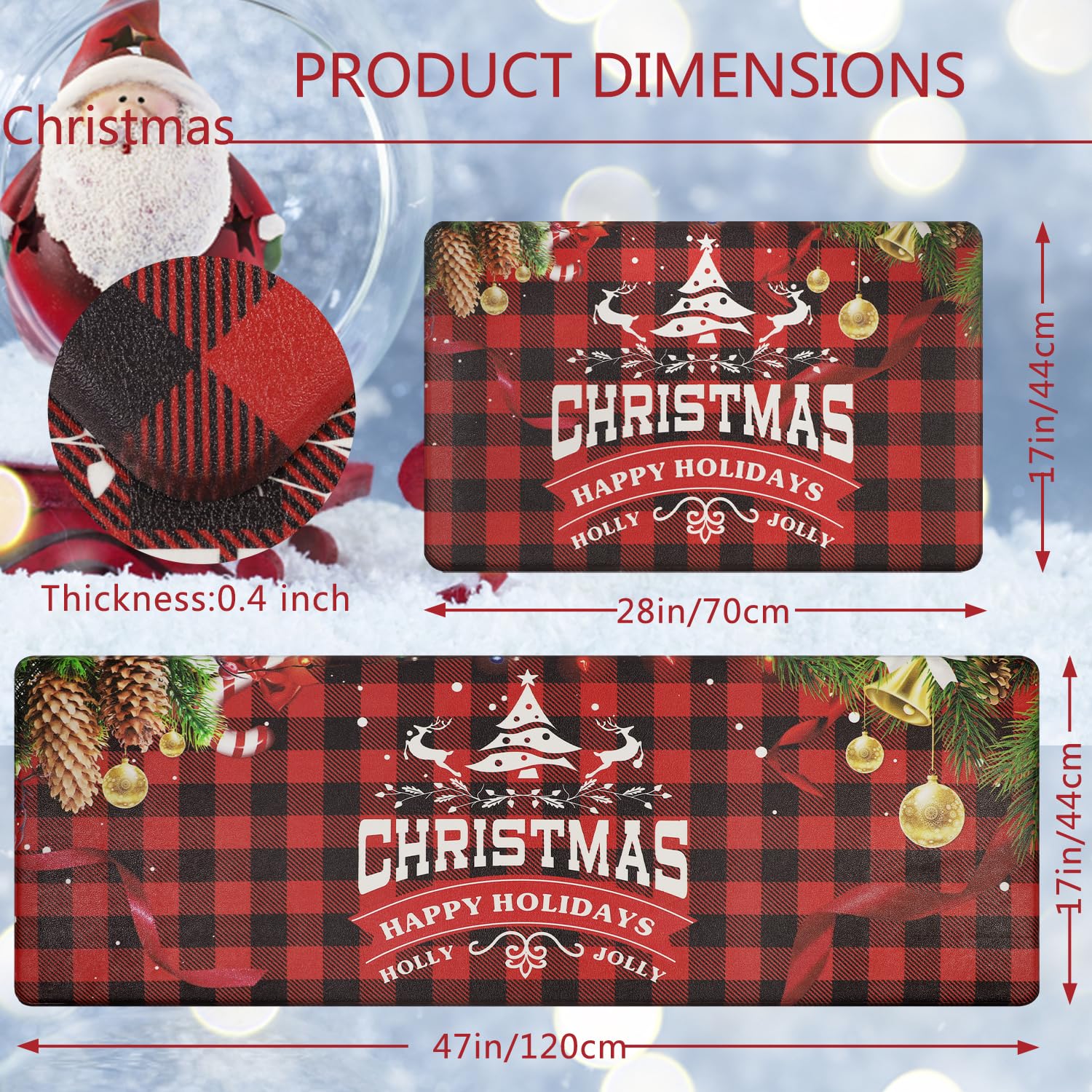 Cekene Anti Fatigue Kitchen Mat Set of 2 Christmas Memory Foam Thick Cushioned Rugs for Kitchen Non-Slip Standing Mat 17"×28" and 17"×47" Waterproof Wipeable