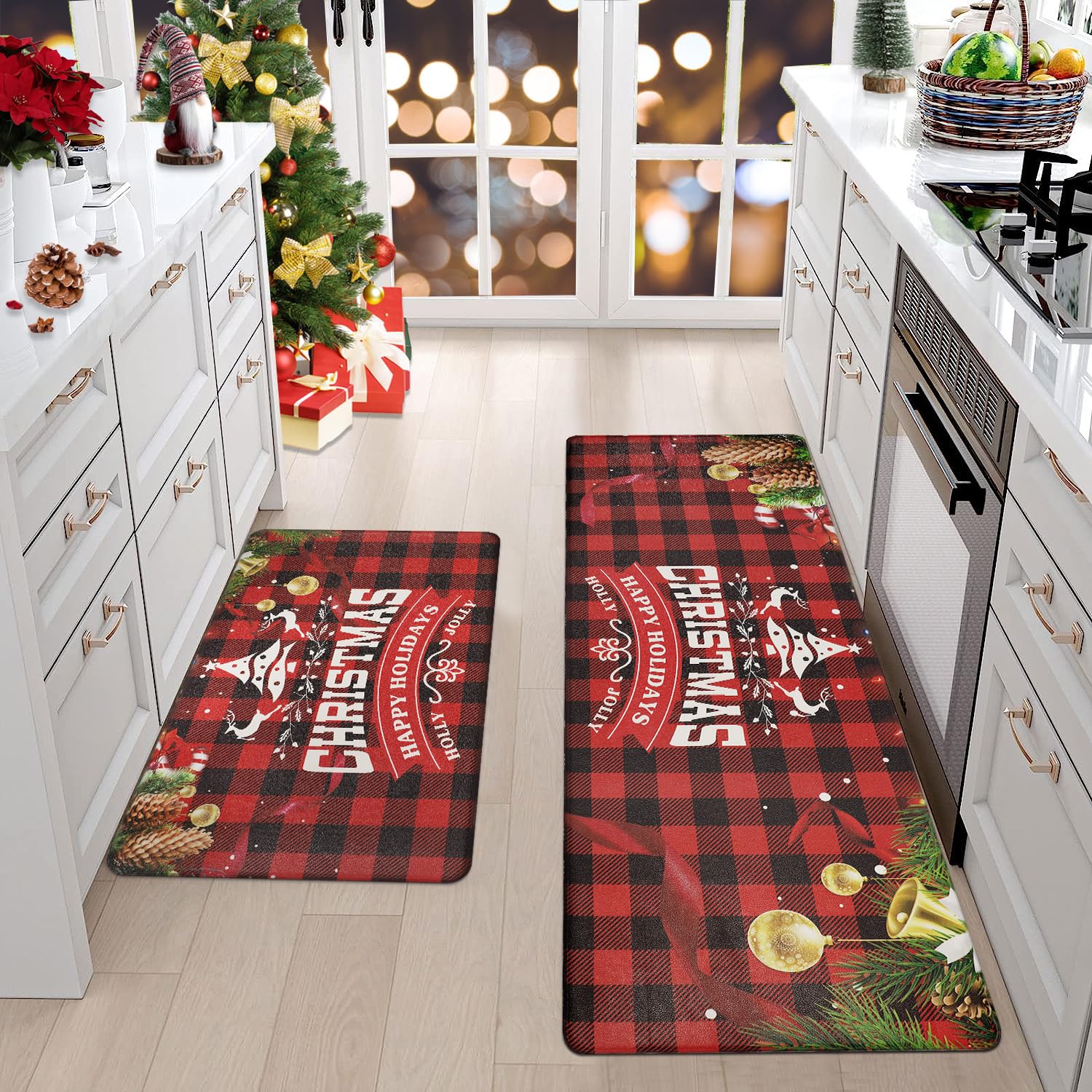 Cekene Anti Fatigue Kitchen Mat Set of 2 Christmas Memory Foam Thick Cushioned Rugs for Kitchen Non-Slip Standing Mat 17"Ă28" and 17"Ă47" Waterproof Wipeable