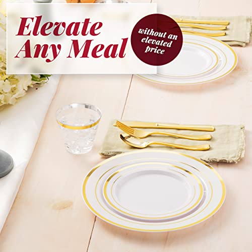 600 Piece Gold Dinnerware Party Set (100 Guest), 100 Dinner Plastic Plates, 100 Salad Gold Plates, 100 Gold Plastic Silverware Set, 100 Gold Plastic Cups Disposable Party Pack Wedding Birthday Parties
