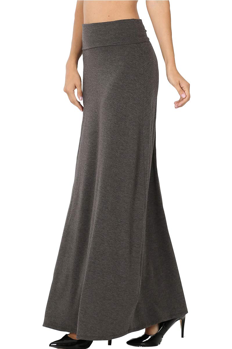 ShezPretty Women's Premium Fold Over High Waist Long Floor Length Maxi Skirt (Medium, USA-Charcol Grey)