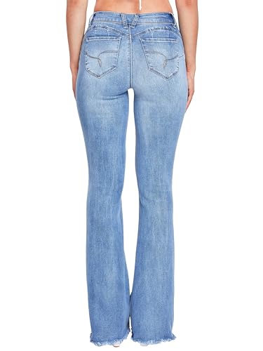 YMI Women's Wannabettabutt Highrise Super Flare Distressed Hem Denim Jeans(Medium Blue Rips,1)