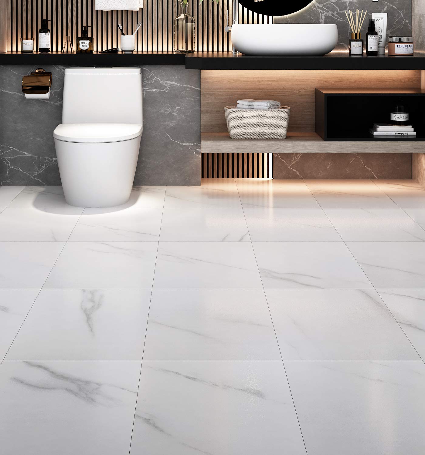 Livelynine White Peel and Stick Floor Tile 16pcs 12X12 Inch Stick on Floor Tiles Bathroom Vinyl Flooring Peel and Stick Tile Floor Stickers Kitchen Bedroom Renter Friendly Laminate Flooring Waterproof