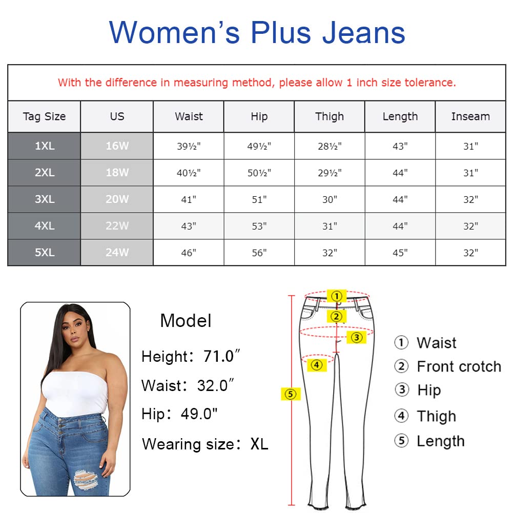 ALLABREVE Women's Plus Size Stretch Skinny Ripped Jeans, 3 Button Hight Rise Slim Fit Washed Denim Jegging, Girlfriend Distressed Tight Jean Pants (Dark Blue, 2XL)