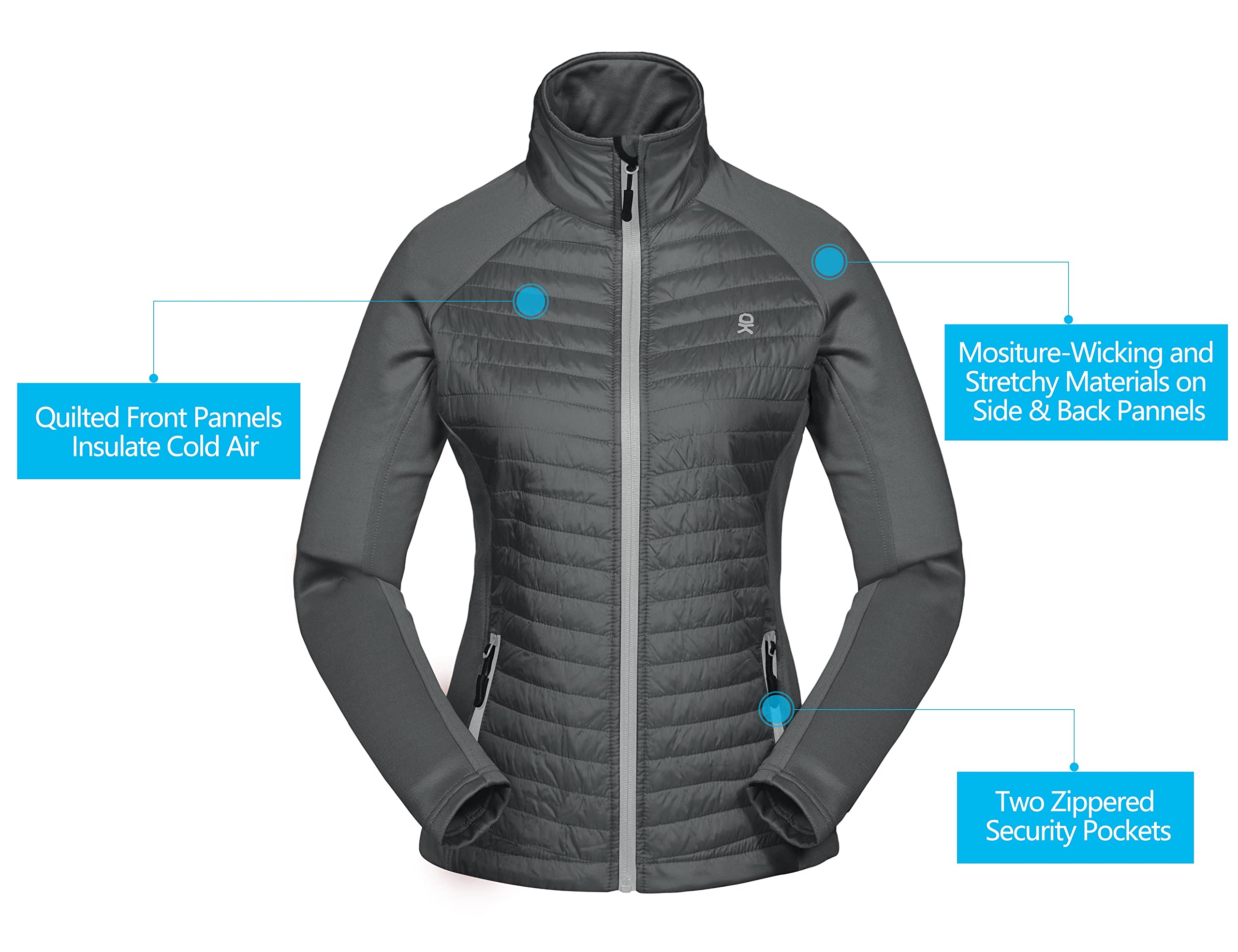Little Donkey Andy Women's Insulated Hiking Jacket, Thermal Running Hybrid Jacket, Lightweight Breathable and Warm, Gray Size XL
