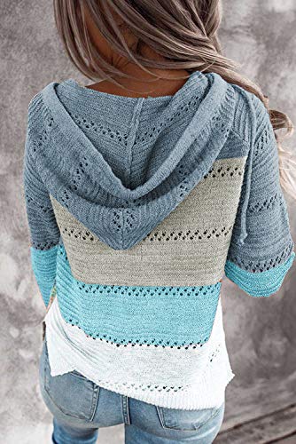 Acelitt Womens Casual Lightweight Long Sleeve Zip up Zipper Striped Knit Sweaters Hoodies Sweatshirts Pullover Jackets Large Sky Blue