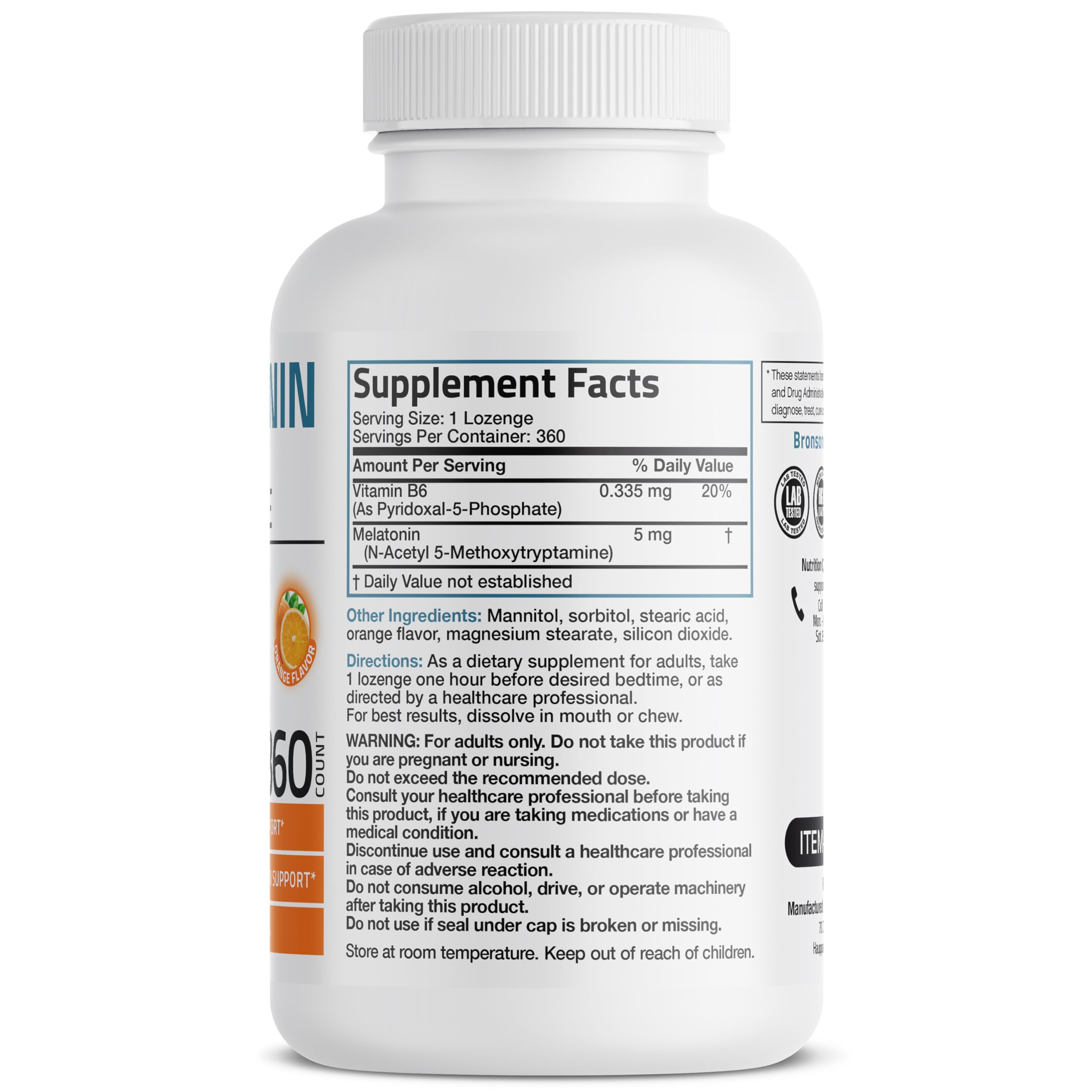 Bronson Melatonin 5mg Fast Dissolve Orange Flavor Tablets with Vitamin B6 - Promotes Relaxation, 360 Vegetarian Chewable Lozenges