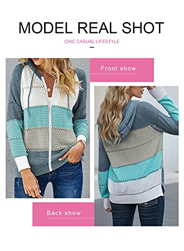 Acelitt Womens Casual Lightweight Long Sleeve Zip up Zipper Striped Knit Sweaters Hoodies Sweatshirts Pullover Jackets Large Sky Blue