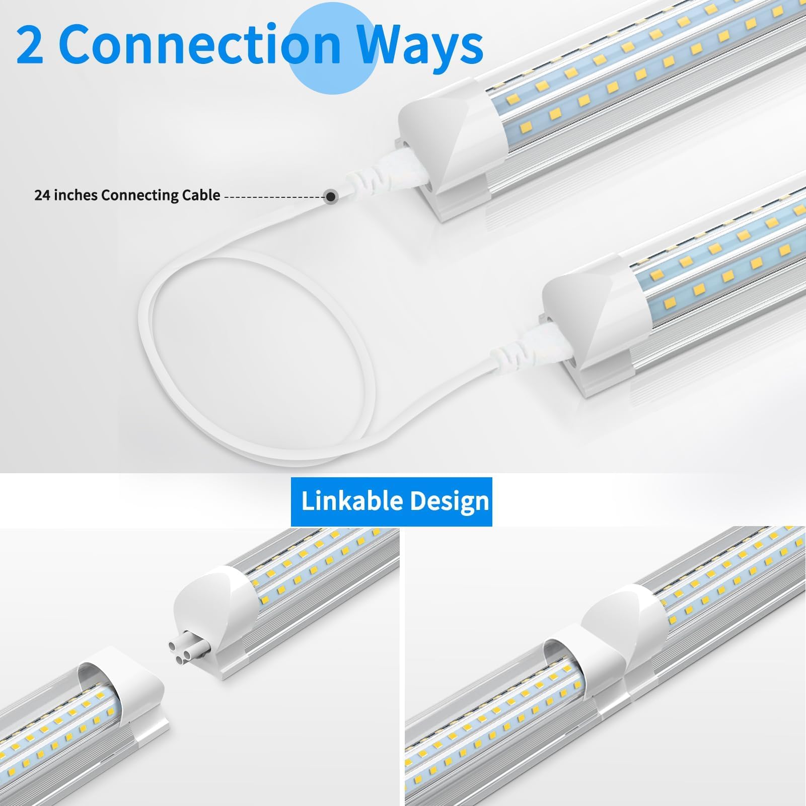 CNSUNWAY 2FT LED Shop Light, 24W 5000K Utility T8 LED Light Fixture, 3100LM Super Bright, D Shape, High Output, Linkable Tubes Lights for Room, Garage, Workbench, Plug and Play, 2 Pack