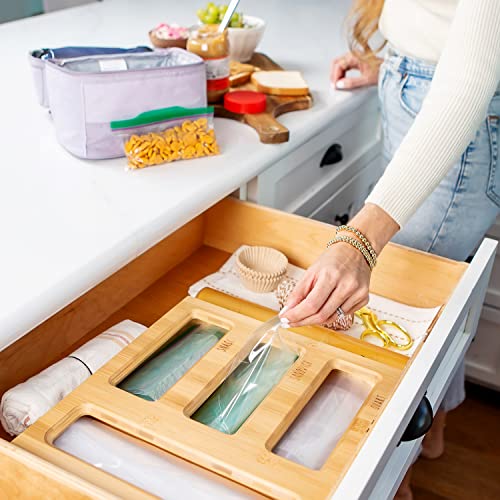 HappyHome Storage Bag Organizer for Kitchen Drawer - Sturdy & Stylish Bamboo Baggie Organizer - Fits Any Brand Gallon, Slider Quart, Sandwich & Snack - Plastic Bag Organizer with Wall Mount Hardware